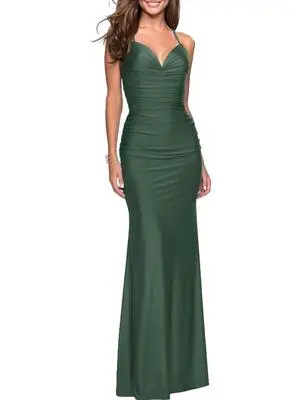La Femme Form Fitting Jersey Gown With Strappy Back - Emerald