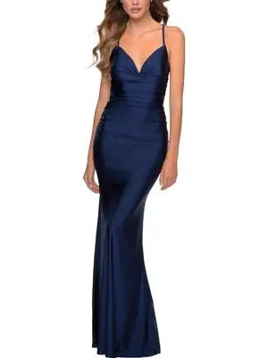 La Femme Form Fitting Jersey Gown With Strappy Back - Navy