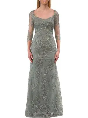LABOMME Lace Gown With Square Neckline And Illusion Sleeves - Dusty Sage