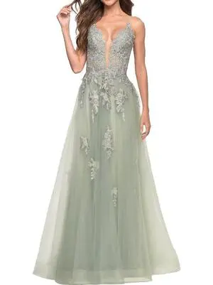 La Femme Tulle A-line Dress With Jeweled Lace Appliques - Sage