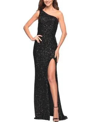 La Femme One-shoulder Sequin Gown With Slit - Black