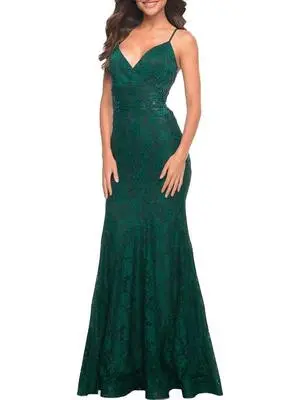 La Femme Lace Gown With Applique Panels - Dark Emerald