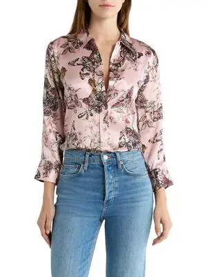 L'Agence Dani Butterfly Print Silk Shirt - Light Nectar Pink Butterfly
