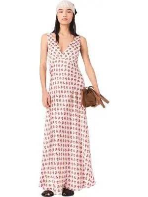 Maje Patterned Silk Maxi Dress - Red Small Flowers Print