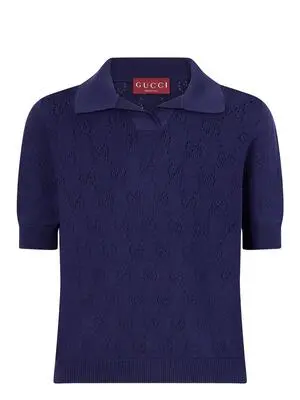 Gucci Perforated Silk And Cotton-blend Polo Top - Blue