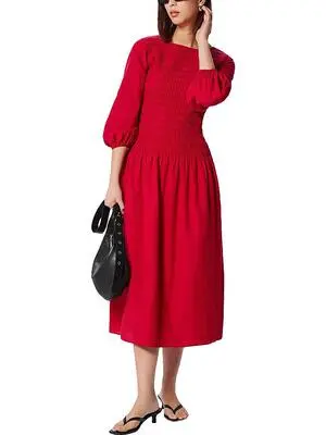 Whistles Smocked Bodice Midi Dress - Red