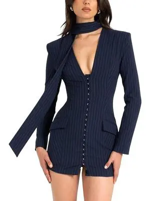 MISS CIRCLE Tahlia Pinstripe Blazer Dress With Scarf - Navy