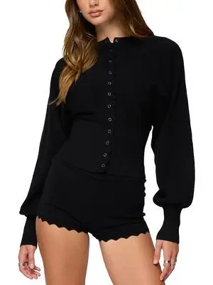 EDIKTED Puff Sleeve Scalloped Knit Cardigan - Black