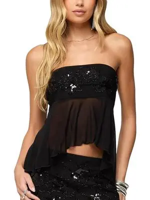 EDIKTED Strapless Beaded Mesh Top - Black