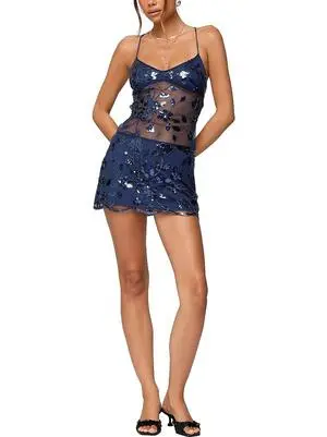 EDIKTED Beaded & Sequin Backless Mini Dress - Navy