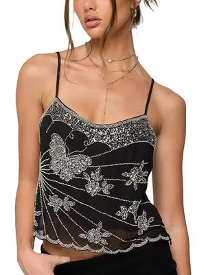 EDIKTED Sequin Chiffon Tank Top - Black