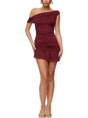EDIKTED Gesibelle Off Shoulder Mesh Mini Dress - Burgundy
