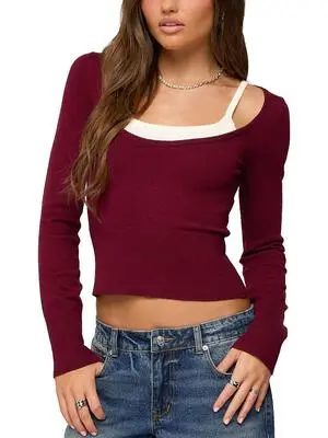 EDIKTED Cecile Layered Long Sleeve Top - Burgundy-and-cream