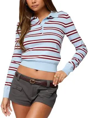 EDIKTED Striped Polo Sweater - Light-blue