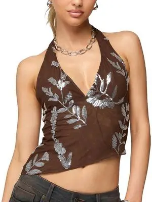 EDIKTED Sequin Asymmetric Mesh Halter Top - Brown