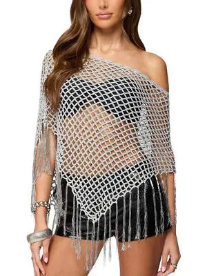 EDIKTED Evette Fringe Open Knit Metallic Poncho - Silver