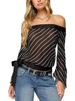 EDIKTED Diagonal Striped Off Shoulder Chiffon Top - Black