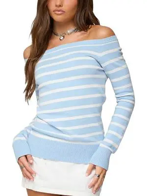 EDIKTED Lori Striped Off Shoulder Sweater - Light-blue