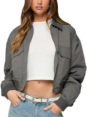 EDIKTED Oversized Ruched Bomber Jacket - Gray