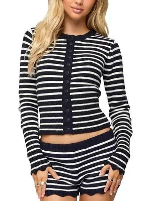 EDIKTED Contrast Striped Knit Cardigan - Navy-and-white