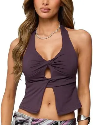 EDIKTED Twisted Split Front Halter Top - Purple