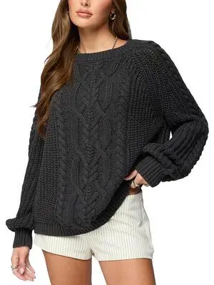 EDIKTED Lira Chunky Cable Knit Sweater - Dark-gray-melange
