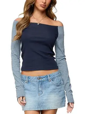 EDIKTED Rion Striped Off Shoulder Top - Navy
