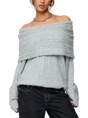 EDIKTED Kadenna Oversized Off Shoulder Sweater - Light-gray-melange