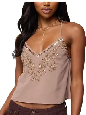 EDIKTED Embellished V-neck Top - Taupe