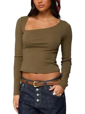 EDIKTED Rion Asymmetric Long Sleeve Top - Olive