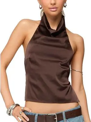 EDIKTED Satin Effect Backless Cowl Neck Top - Dark-brown