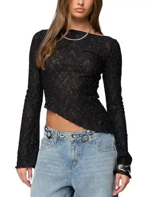 EDIKTED Asymmetric Gem Lace Top - Black