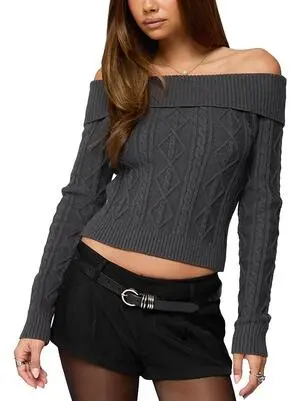 EDIKTED Leta Off-the-shoulder Cable-knit Sweater - Dark-gray