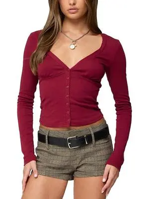 EDIKTED Charla V-neck Button-up Top - Burgundy