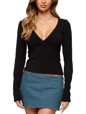 EDIKTED Doron V-neck Long Sleeve Top - Black