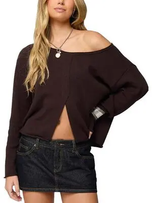 EDIKTED Moyra Off Shoulder Knit Top - Brown