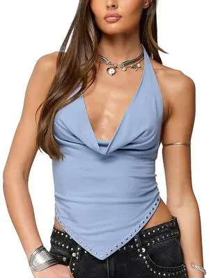 EDIKTED Zenya Backless Cowl Neck Halter Top - Blue