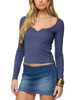 EDIKTED Notch Scoop Neck Long Sleeve Top - Navy