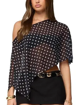 EDIKTED Sheer Chiffon Asymmetric Polka Dot Poncho - Black-and-white