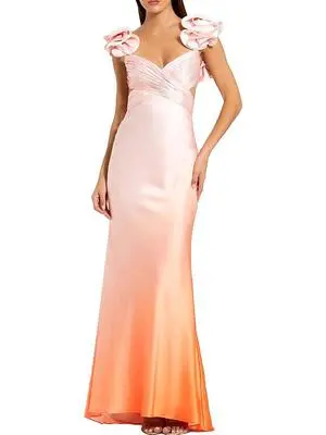 Mac Duggal Charmeuse Ruffle Strap Crossover Ombre Gown - Sunset