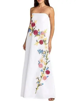 Mac Duggal Strapless Floral Embroidered Linen Gown - White Multi
