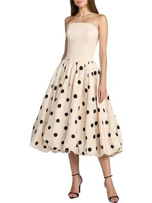 Mac Duggal Crepe Strapless Polka Dot Bubble Skirt Midi Dress - Ecru Multi
