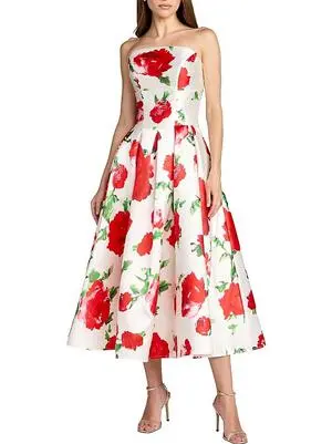 Mac Duggal Strapless Floral Printed A-line Midi Dress - Rose Multi