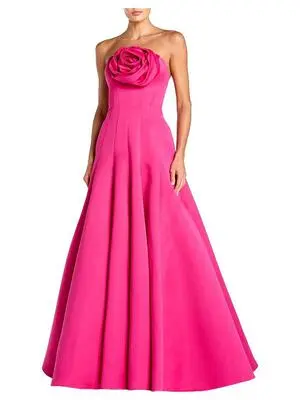 Mac Duggal Strapless Satin Ballgown With 3d Floral Detail - Fuchsia