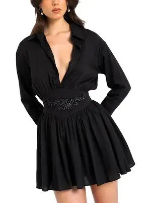 MISS CIRCLE NEW YORK Embroidered Waist Shirt Dress - Black