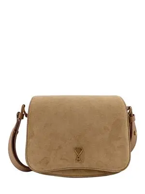 Ami Suede Shoulder Bag With Metal Logo - Beige