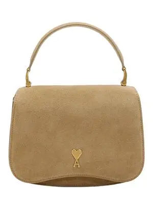 Ami Suede Crossbody Bag With Metal Logo On The Front - Beige