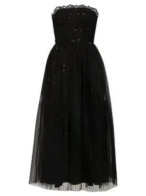 NISSA Lace-trim Tulle Midi Dress - Black