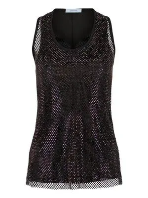 FERRAGAMO Crystal Embellished Mesh Tank Top - Dark Brown