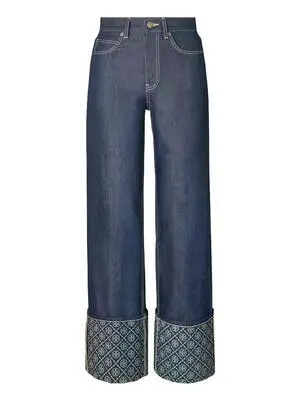Tory Burch T Monogram Contrast-cuff Jeans - Blue